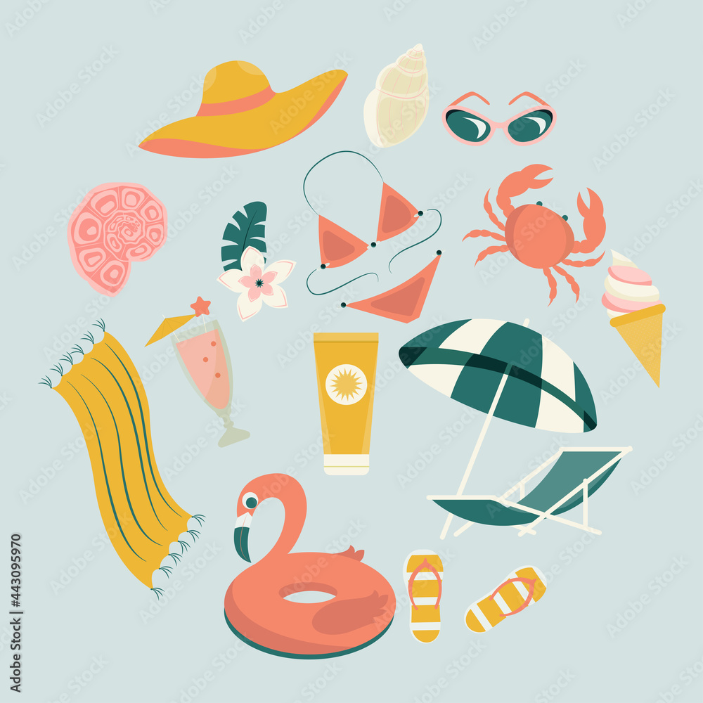 Vector summertime clipart. Summer set with cute beach elements: bikini ...