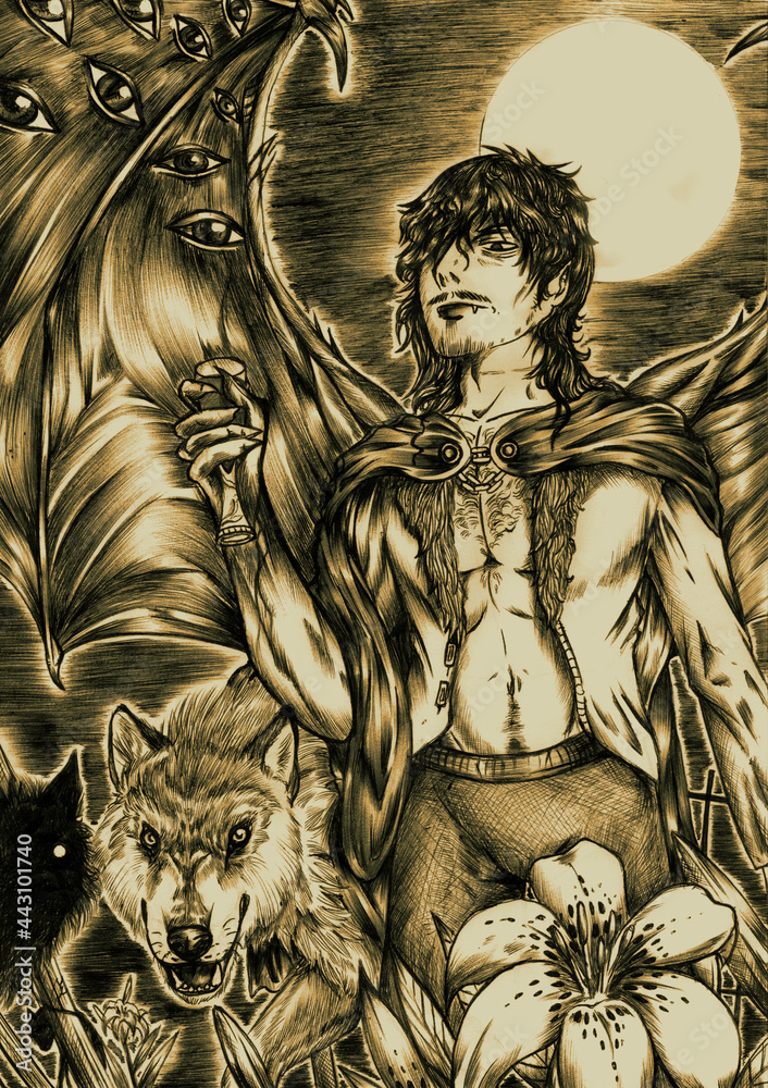 Illustration of a vampire with long curly hair and mustache, holding a ...