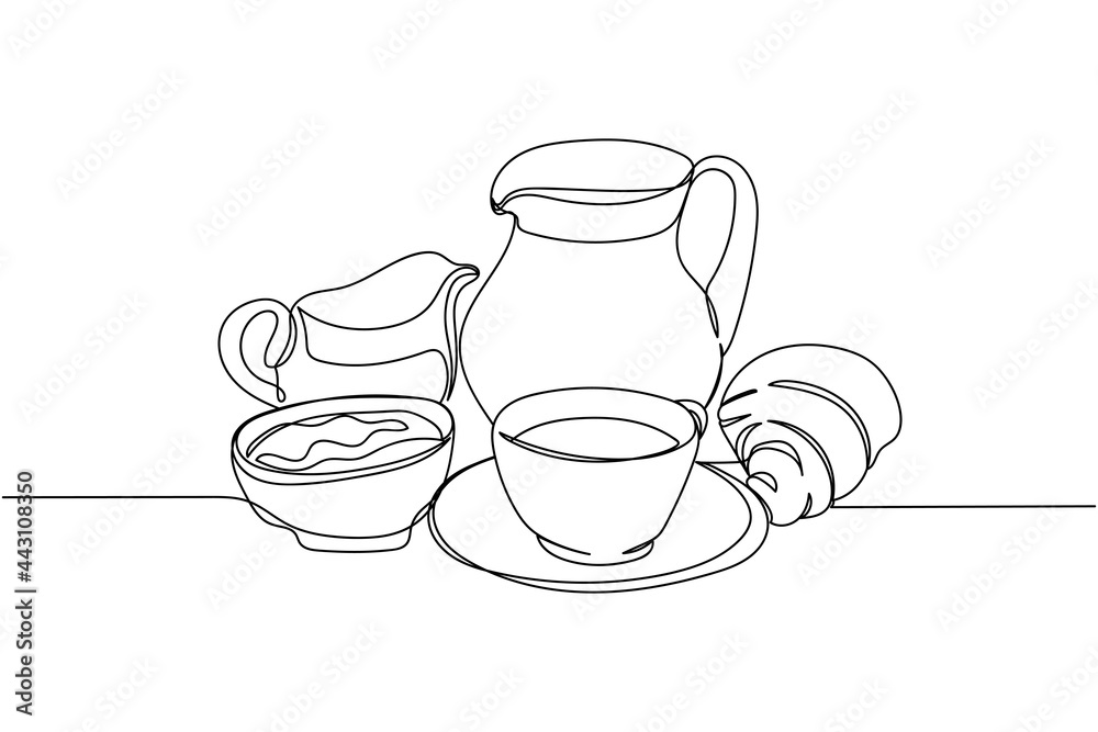 Continuous one line of breakfast in silhouette on a white background ...