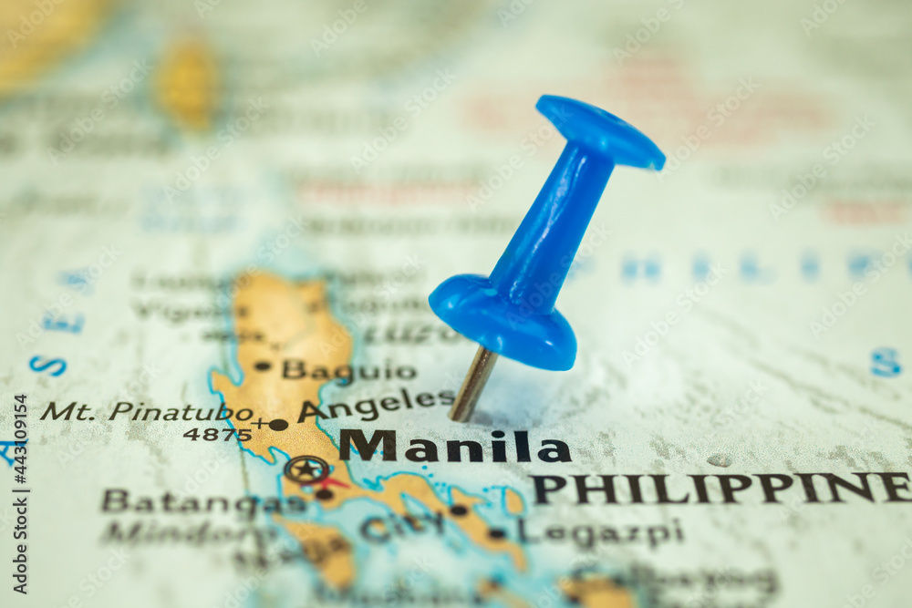 Location Manila in Philippines, map with push pin close-up, travel and ...
