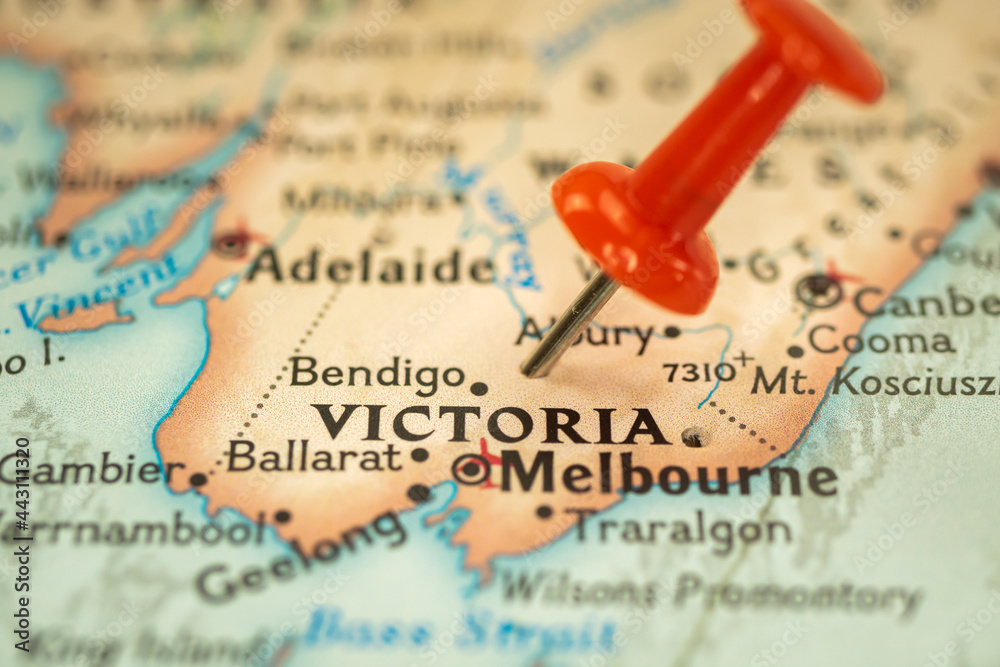 Location Victoria state in Australia, map with push pin close-up ...
