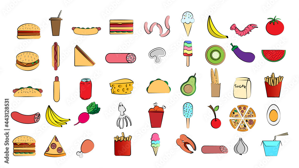 Set of 45 icons of delicious food and snacks items for a restaurant bar ...
