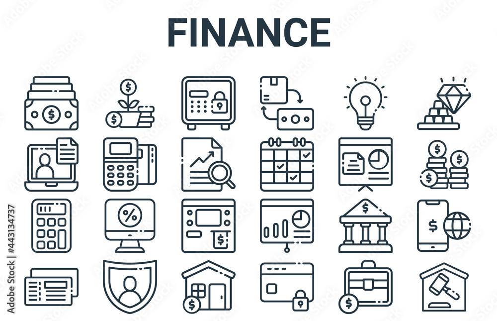 linear pack of finance line icons. simple web vector icons set such as auction, cheque, report ...