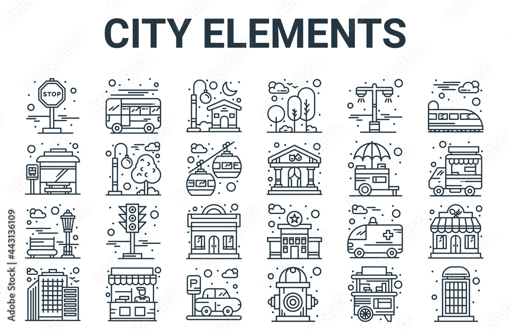 linear pack of city elements line icons. simple web vector icons set such as phone booth ...