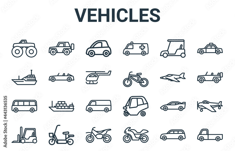 linear pack of vehicles line icons. simple web vector icons set such as ...