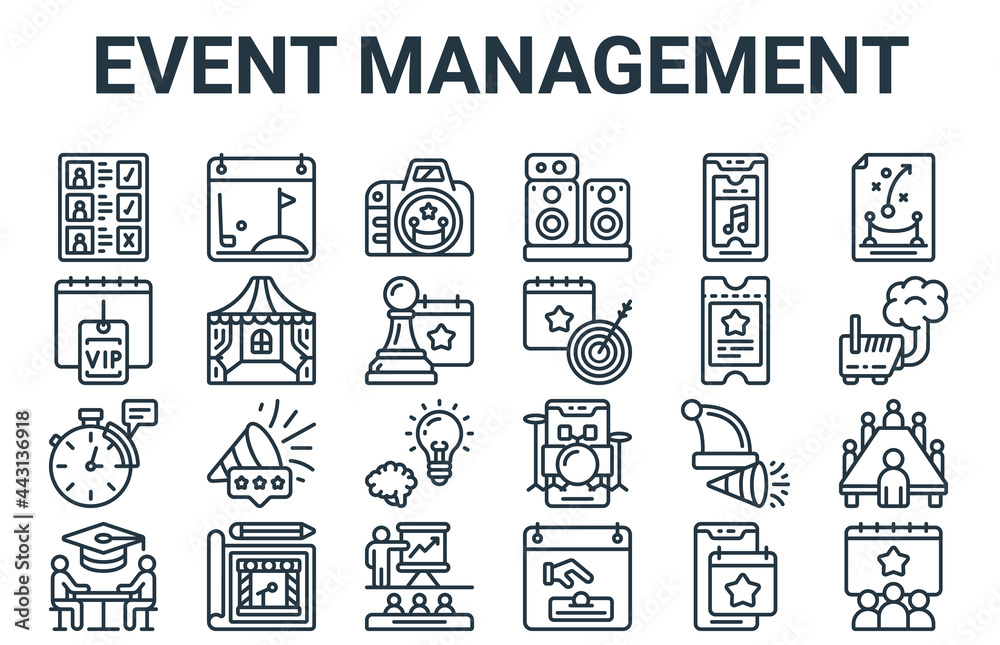 linear pack of event management line icons. simple web vector icons set such as event, reunion ...