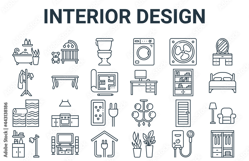 linear pack of interior design line icons. simple web vector icons set such as wardrobe ...