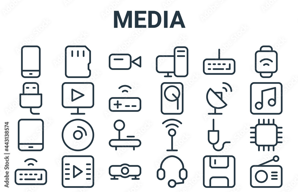 linear pack of media line icons. simple web vector icons set such as radio, keyboard, parabolic ...