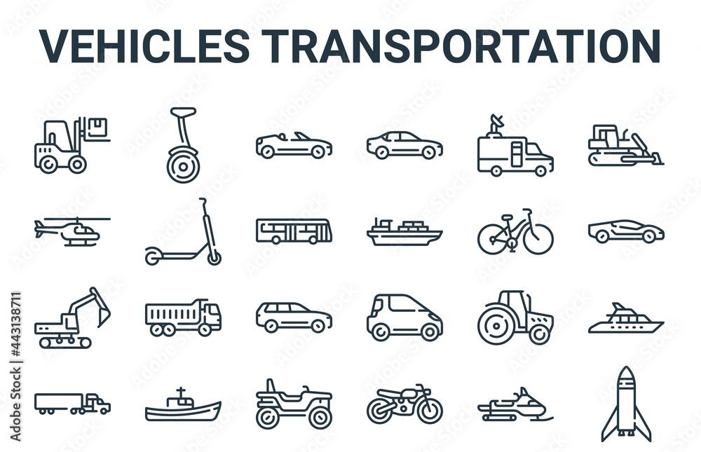 linear pack of vehicles transportation line icons. simple web vector icons set such as rocket ...