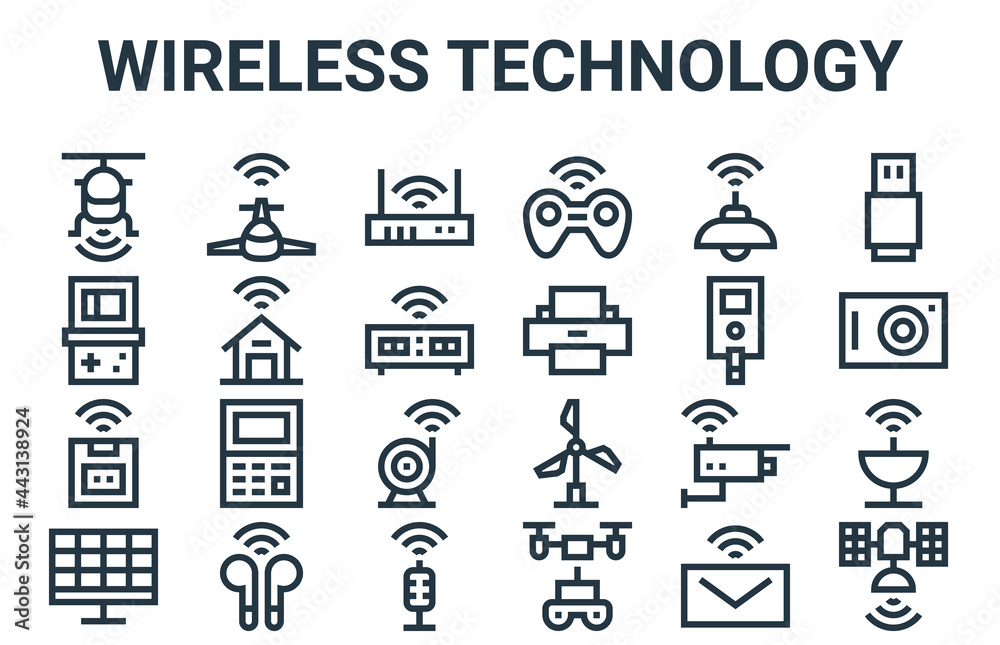 linear pack of wireless technology line icons. simple web vector icons set such as satellite ...