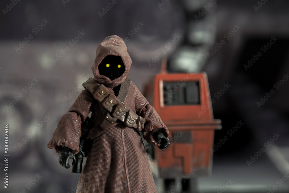 NEW YORK, USA - JUNE 12 2021:scene from Star Wars with Jawas on ...