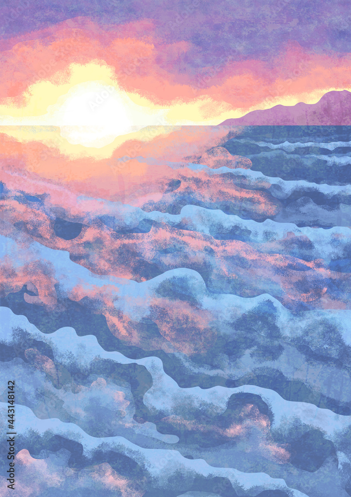 Boho Sea Beach with Waves and Sunset Print. Abstract Background ...