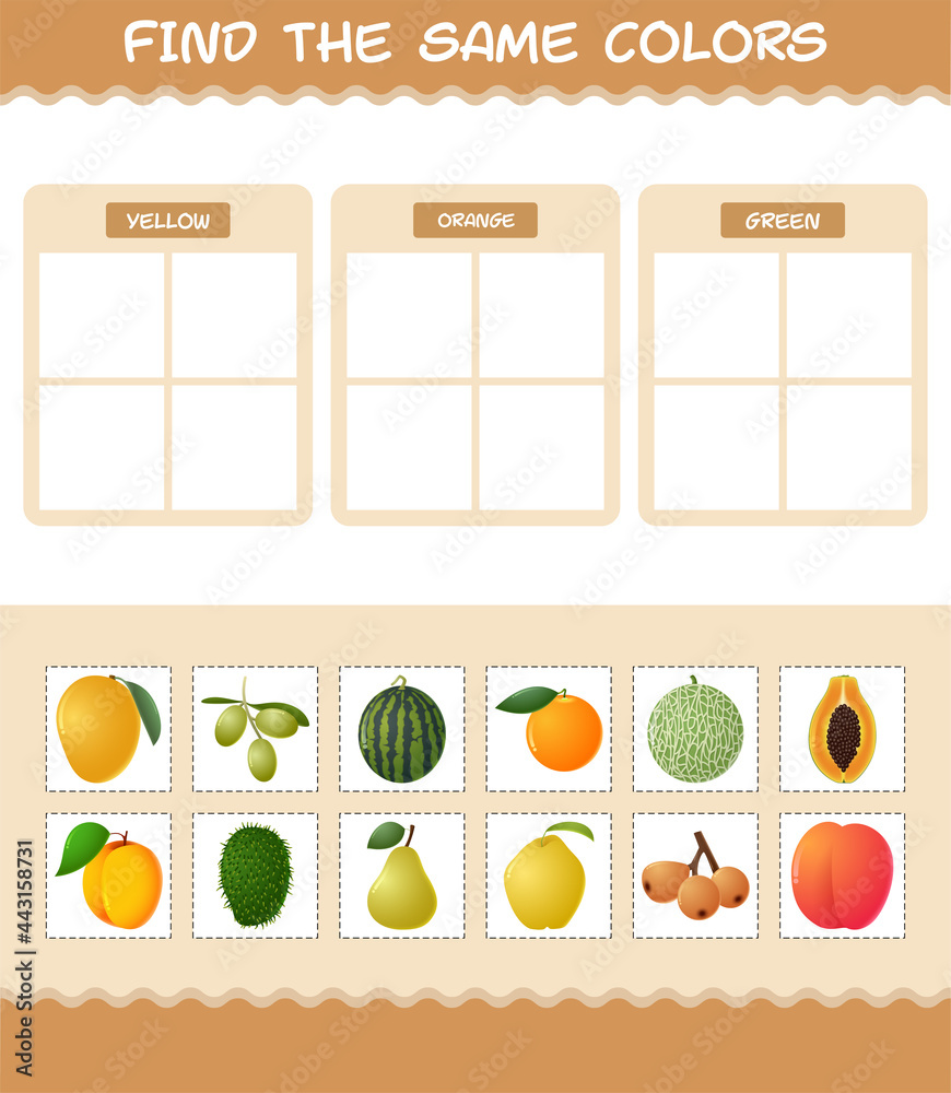 Find the same colors of fruits. Searching and Matching game ...