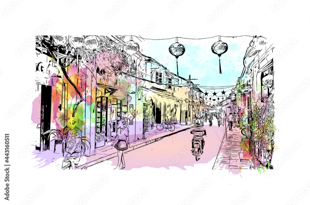 Building view with landmark of Hoi An is a city on Vietnam. Watercolor ...