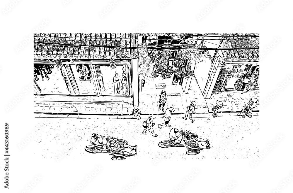 Building view with landmark of Hoi An is a city on Vietnam. Hand drawn ...