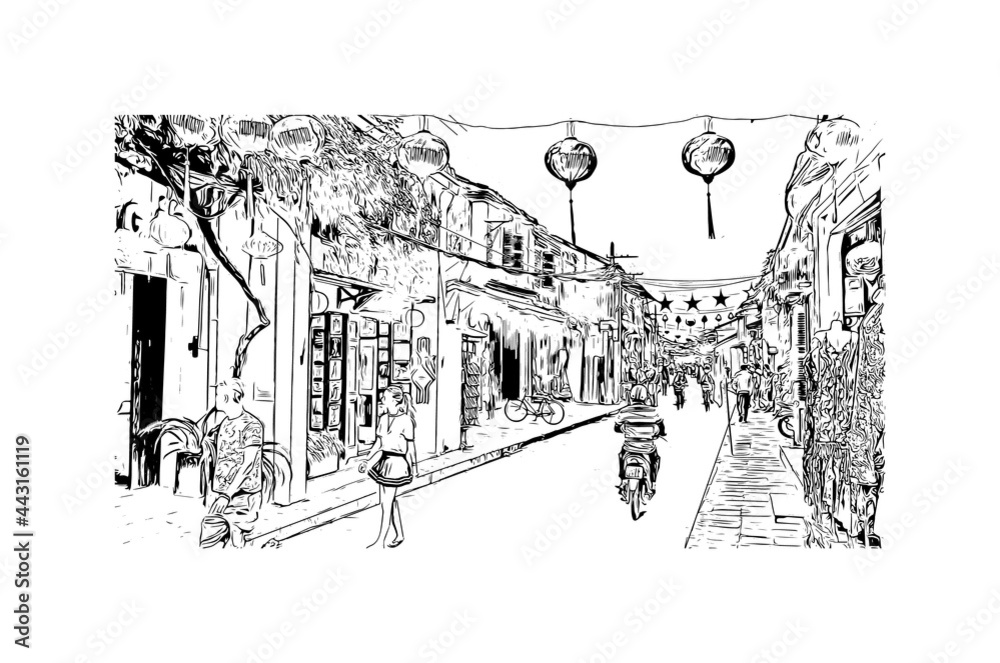 Building view with landmark of Hoi An is a city on Vietnam. Hand drawn ...