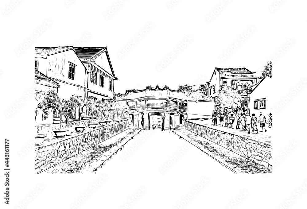 Building view with landmark of Hoi An is a city on Vietnam. Hand drawn ...