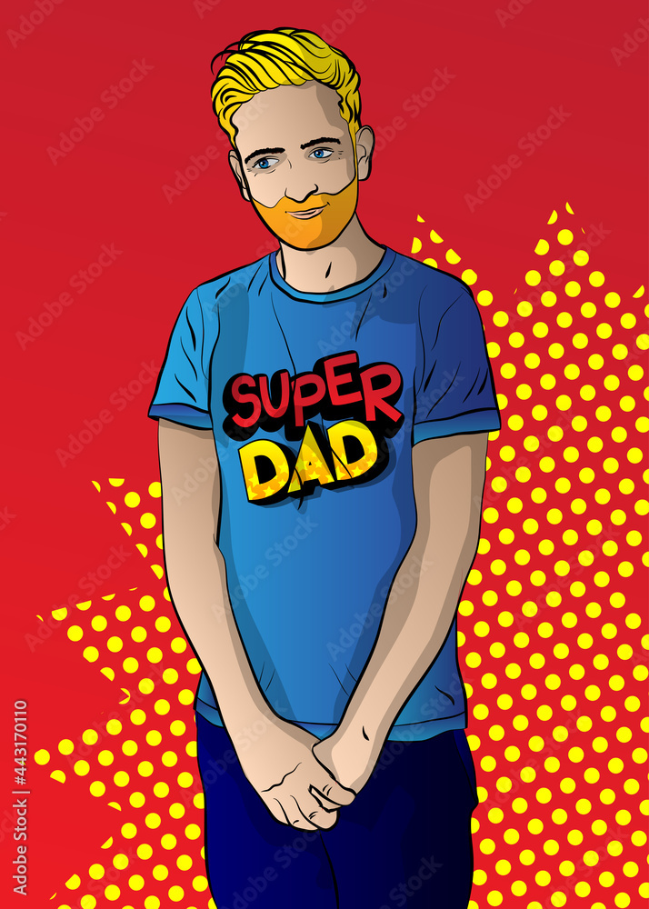 Portrait of shy modest handsome young man shrug shoulders over comics ...