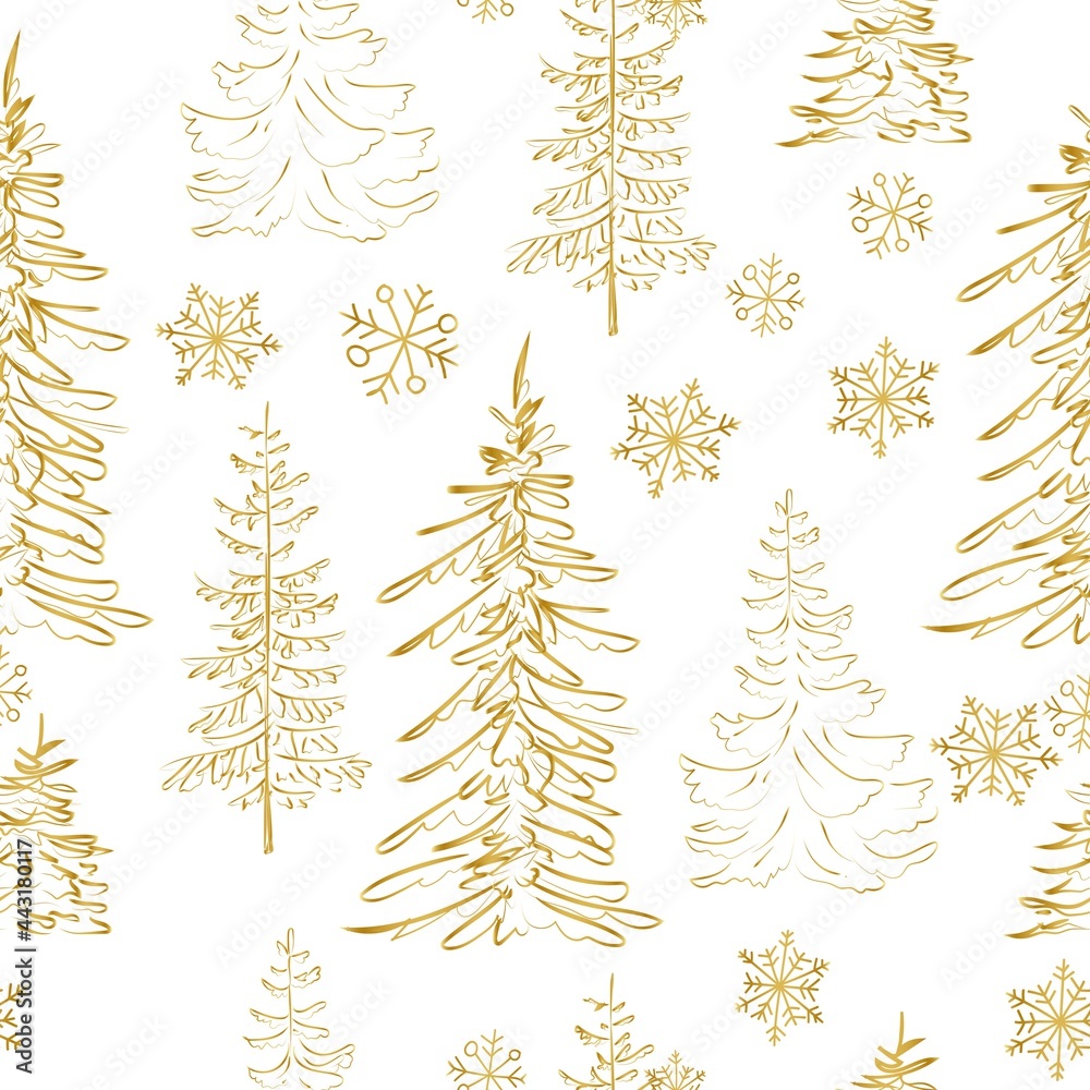 Elegant outline drawing of pine tree, deer, seamless pattern. Vector ...