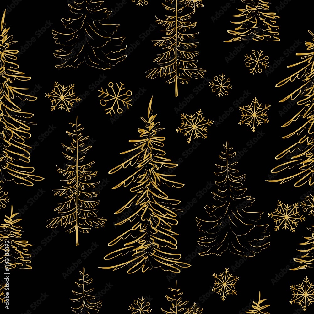 Elegant outline drawing of pine tree, deer, seamless pattern. Vector ...