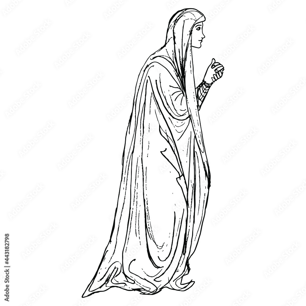 Standing praying medieval woman in profile in long mantle. Saint lady ...