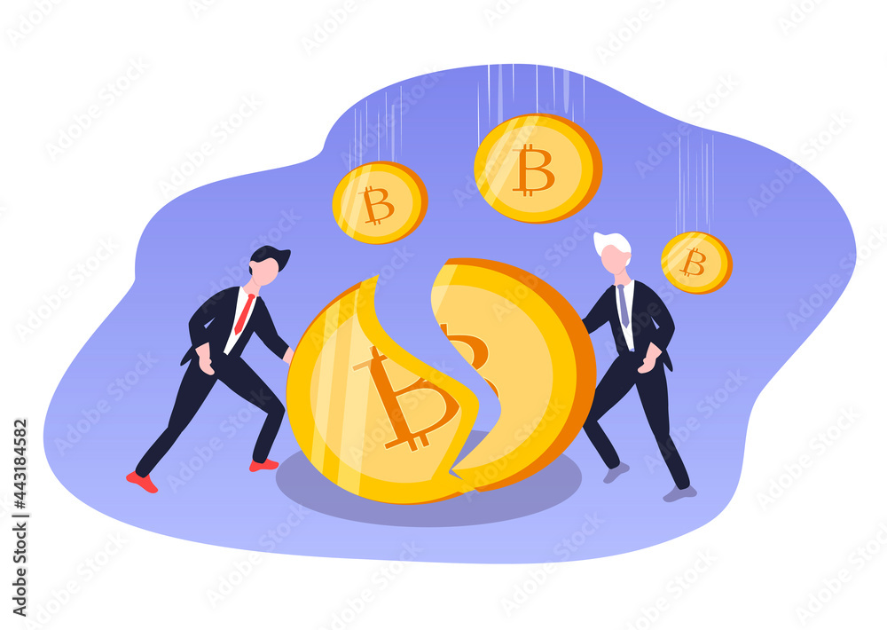vector hand drawn illustration of falling bitcoin rate. bitcoin crash ...