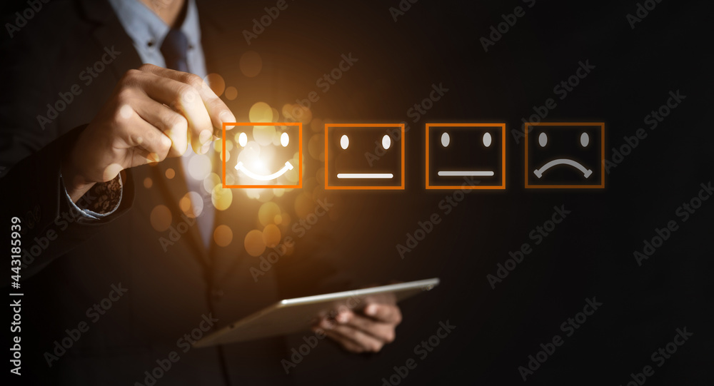 Customer service and Satisfaction concept ,Businessman pressing smiley ...