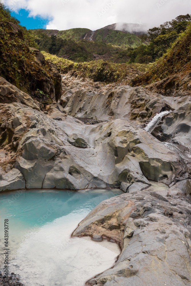 river bed with rocks and turquoise water and a network of dry tropical ...