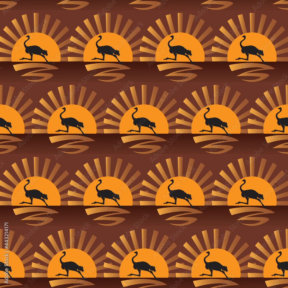 Running ostrich. Silhouette against the setting sun. Vector seamless ...