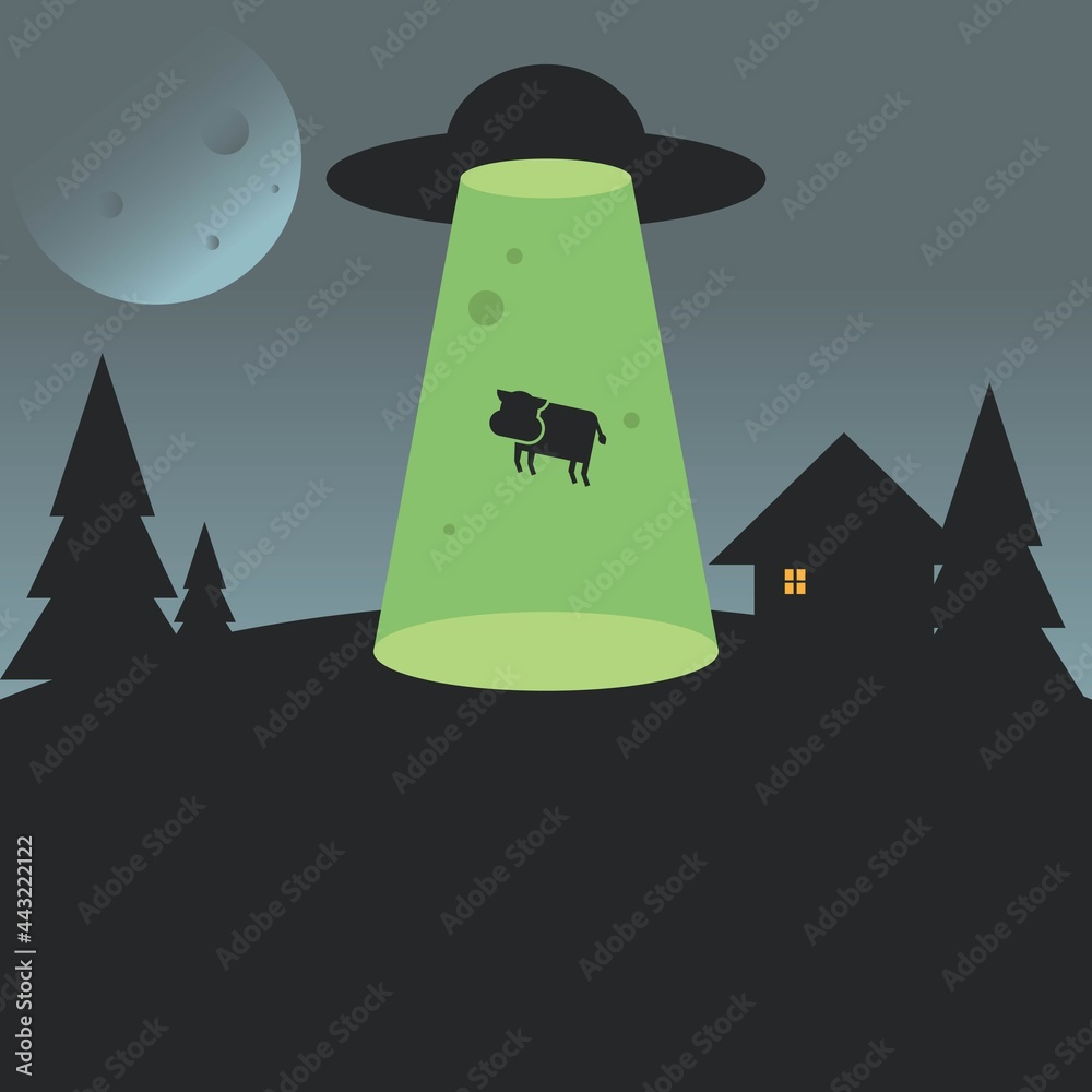 UFO abducting a cow cartoon vector illustration. Flying saucer with cow ...