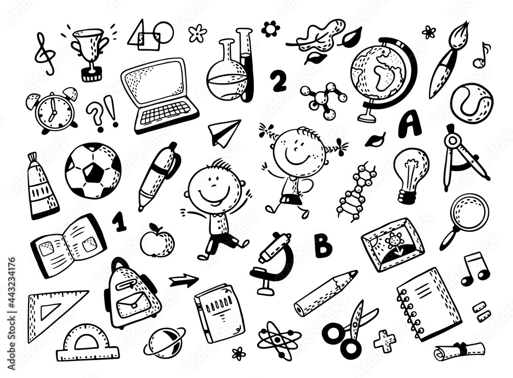 Schoolkids with lots of school things. Outline clipart collection Stock ...