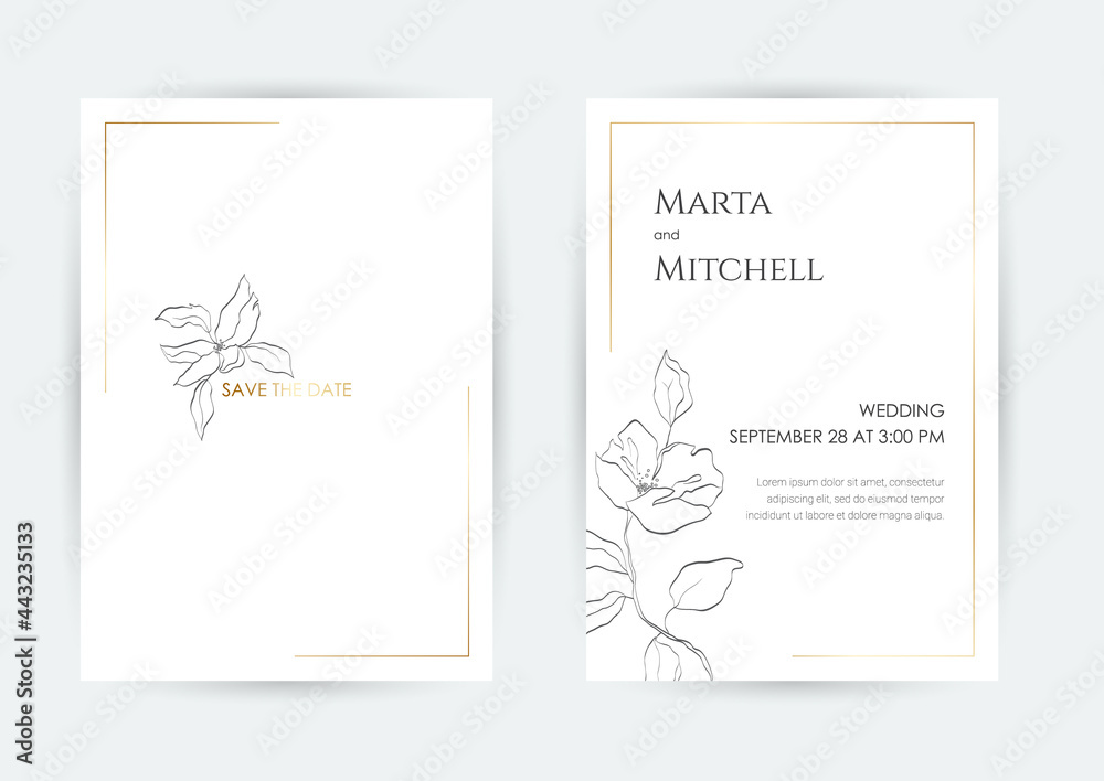 Minimalist wedding invitation card template design, golden line art ...