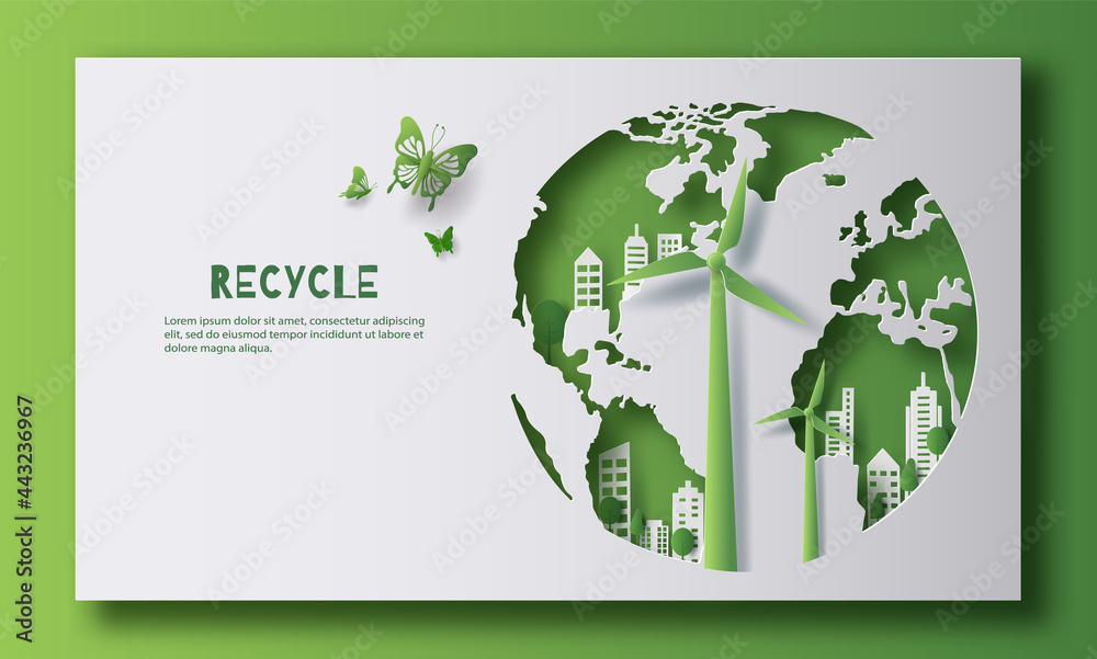 Recycle banner design, earth, windmill, and a city, save the planet and ...
