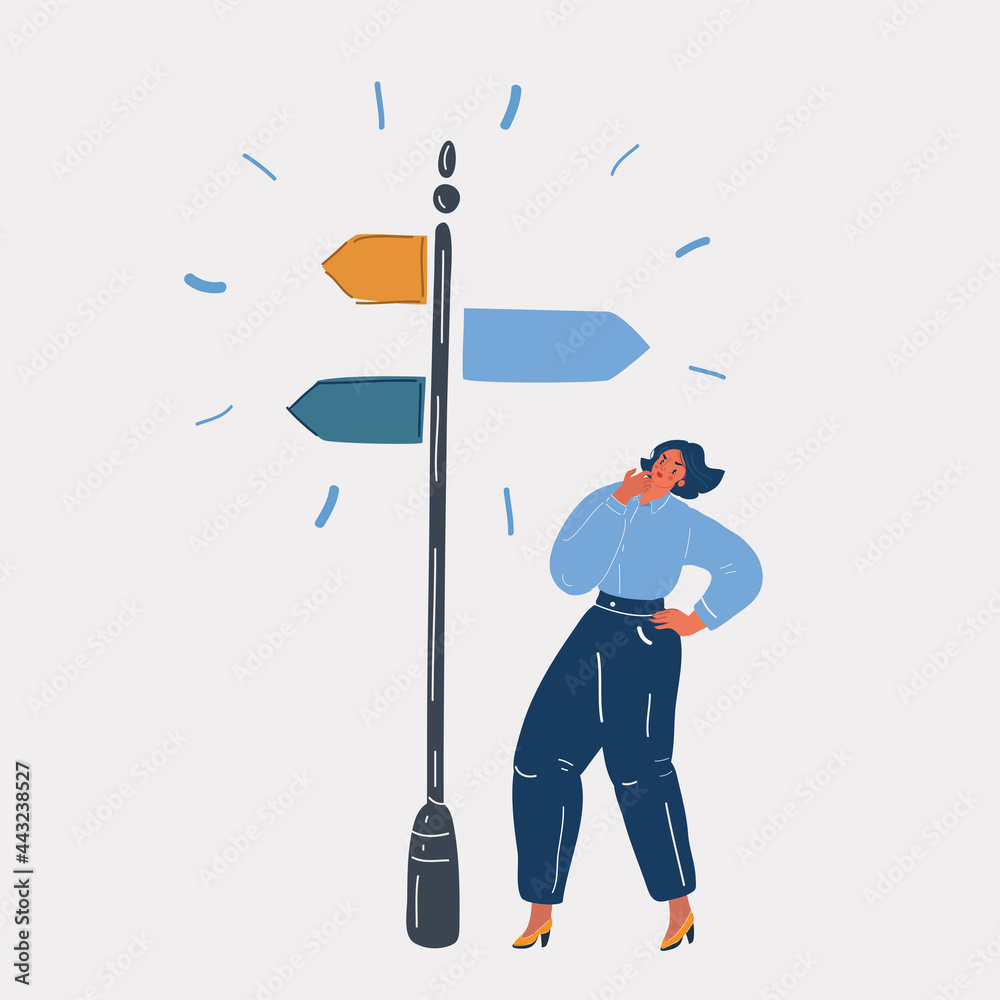 Vector illustration of Two way sign and woman thinking which way to go ...