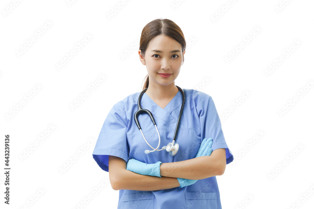 Medium close up portrait of Asian female doctor or nurse wearing gloves ...