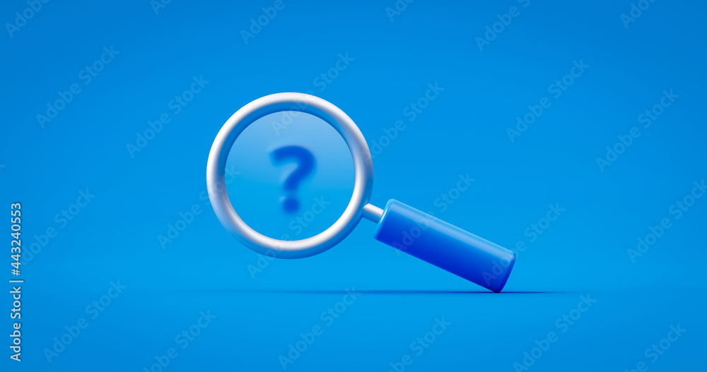 Blue question mark and search magnifying glass symbol concept on find ...