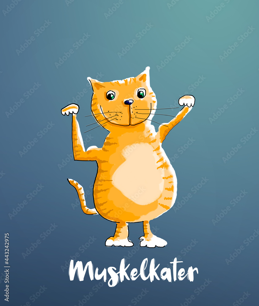 Muskelkater, Kater Katze mit Muskeln zeigt seinen Bizeps, Bodybuilder ...