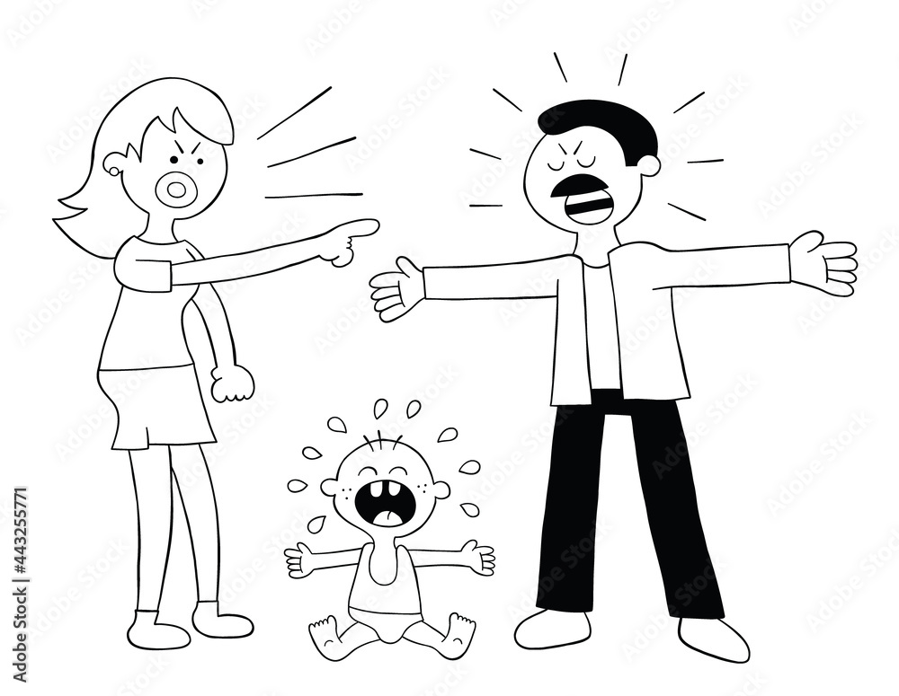 Cartoon parents fighting and baby crying, vector illustration Stock ...