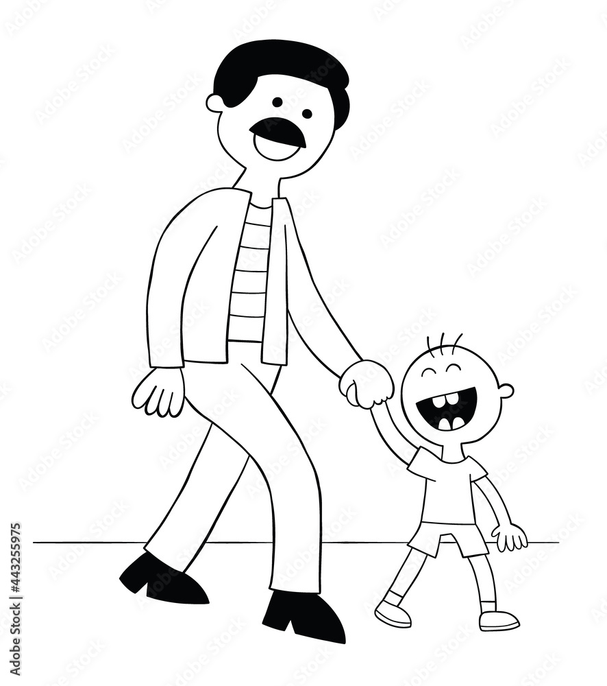 Cartoon Father And Son Holding Hands And Walking And Very Happy Vector