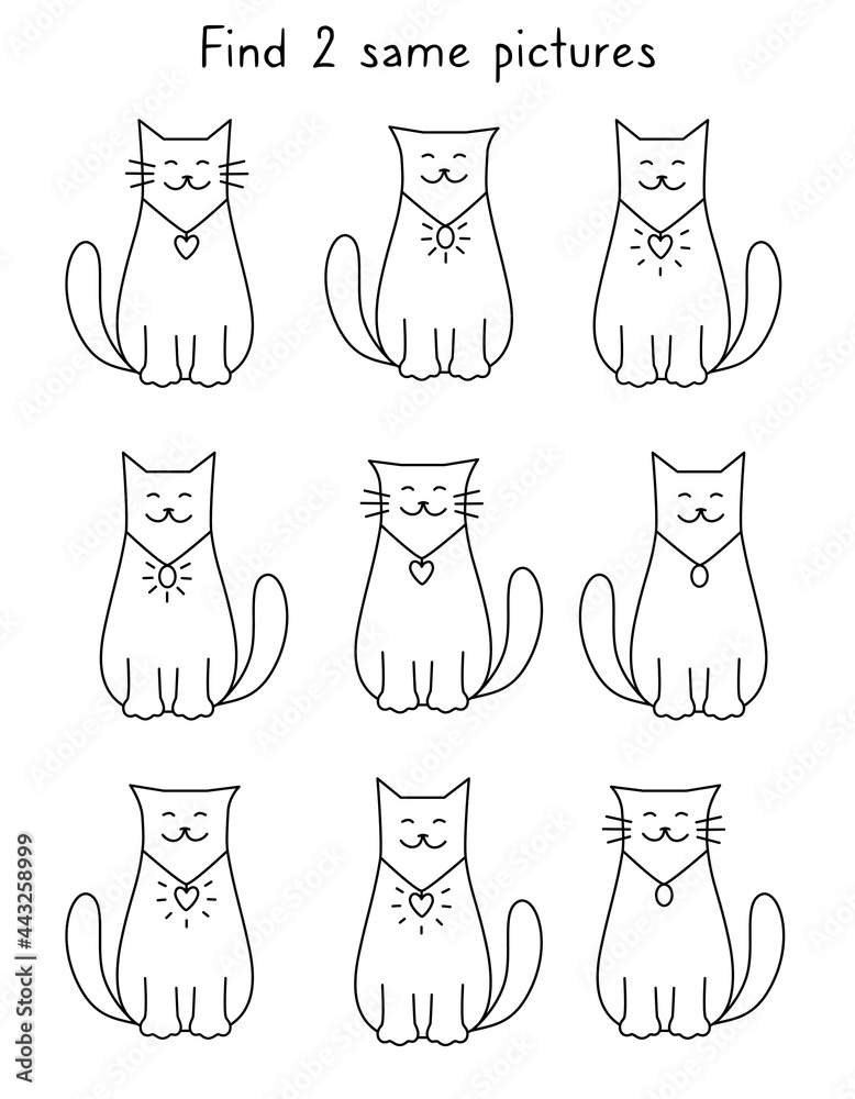 Find two same pictures of cute cats. Cartoon funny pets for coloring ...