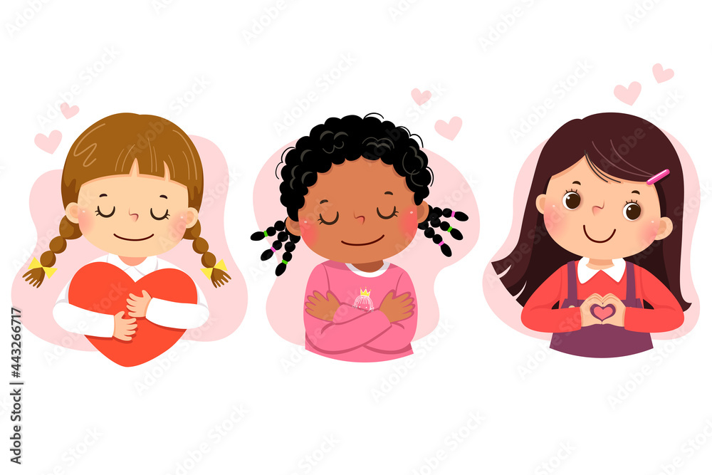 Set of vector illustration cartoon of little girls hugging themself ...