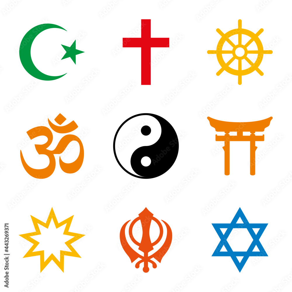 World religions, nine colored symbols of major religious groups and ...
