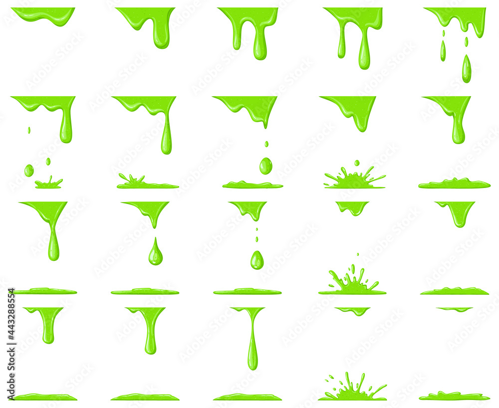 Slime animation. Dripping green cartoon drops and splash, halloween ...