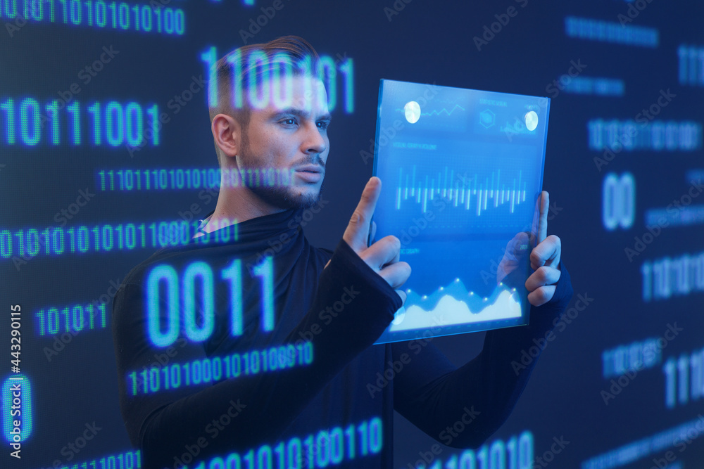 Man with futuristic tablet in hand. Guy using VR glasses. Augmented ...