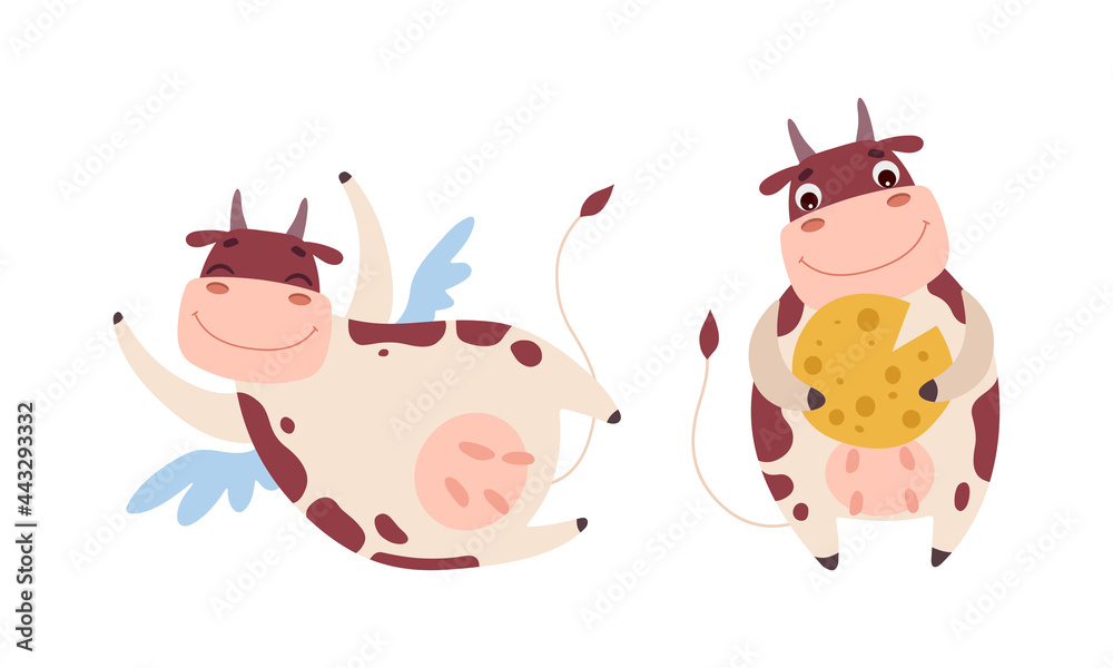 Cute Cow Characters Set, Adorable Farm Animal Flying and Holding Wheel ...