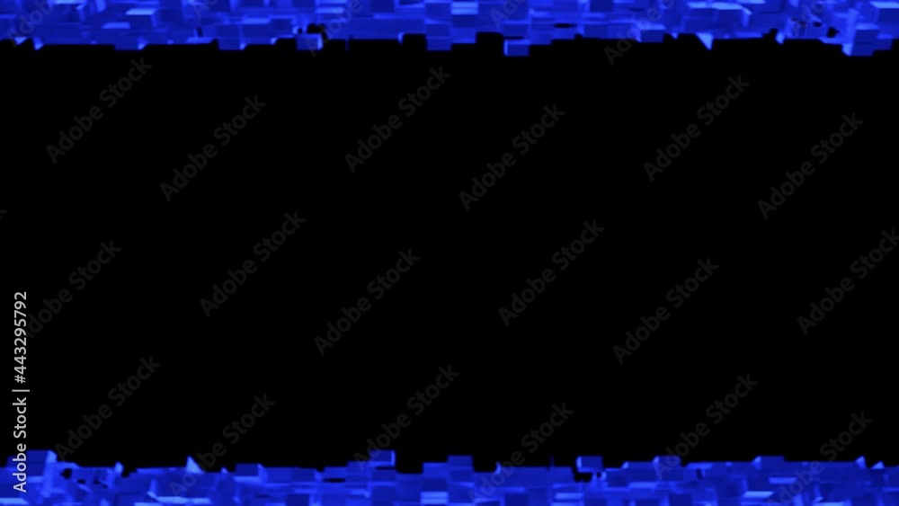 Blue cubic particles cut out of a shutters that open black screen. High ...