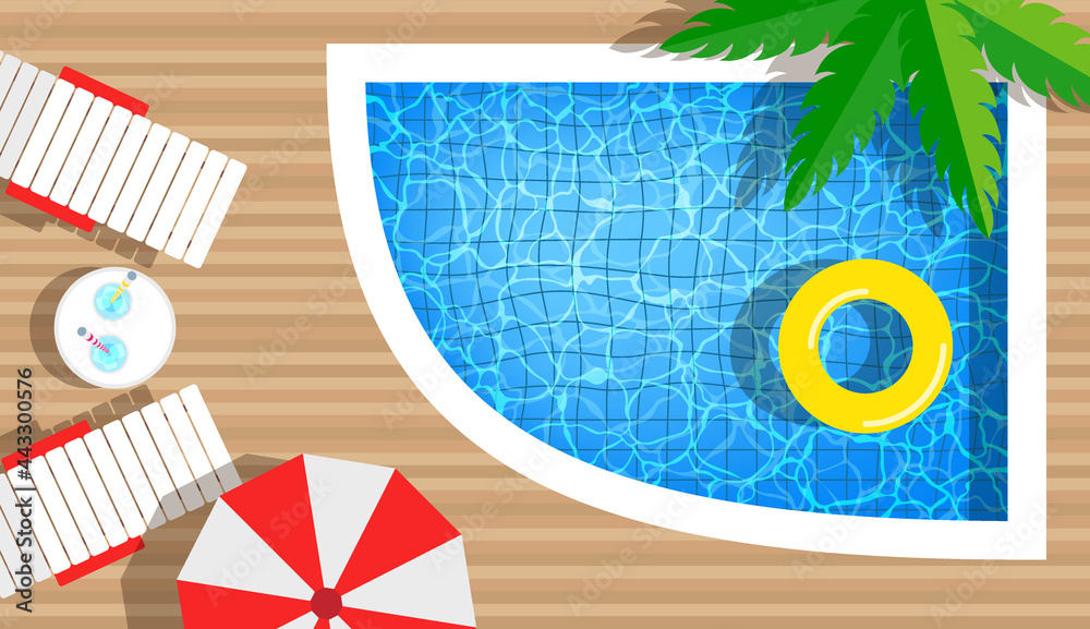 Swimming pool with swimming rings, umbrella and deck chair. Top view ...