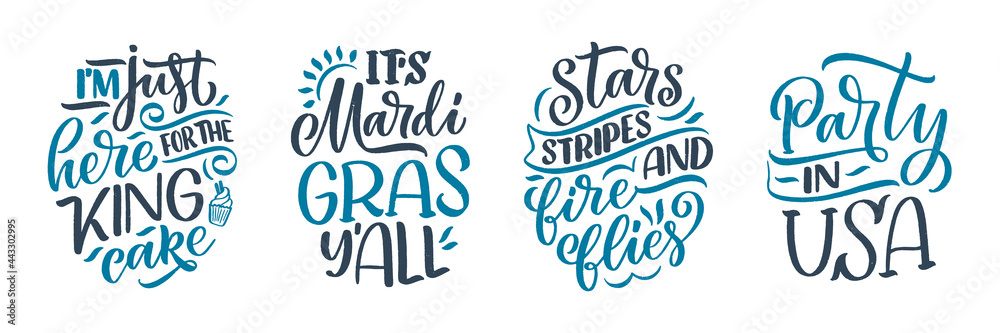 Set With Funny Hand Drawn Lettering Quotes About Mardi Gras Cool Phrases For Print And Poster