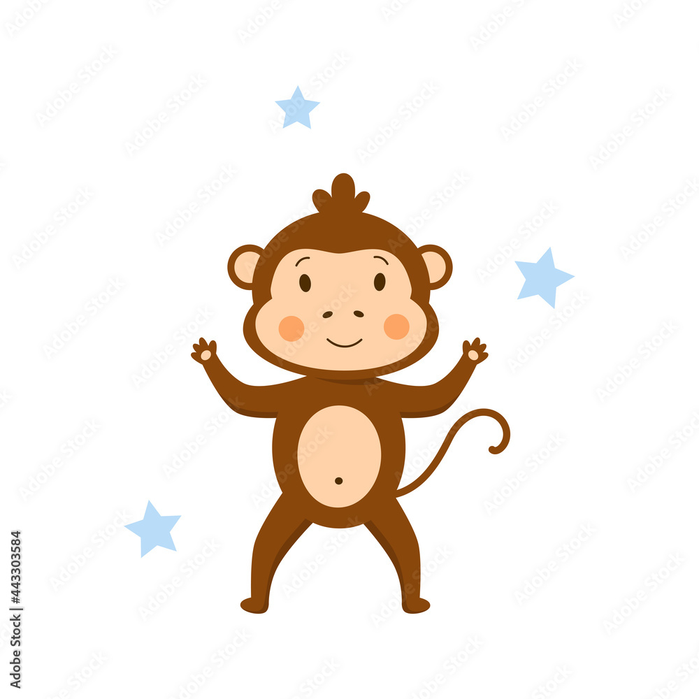 Cute baby monkey stands on an isolated white background with stars ...
