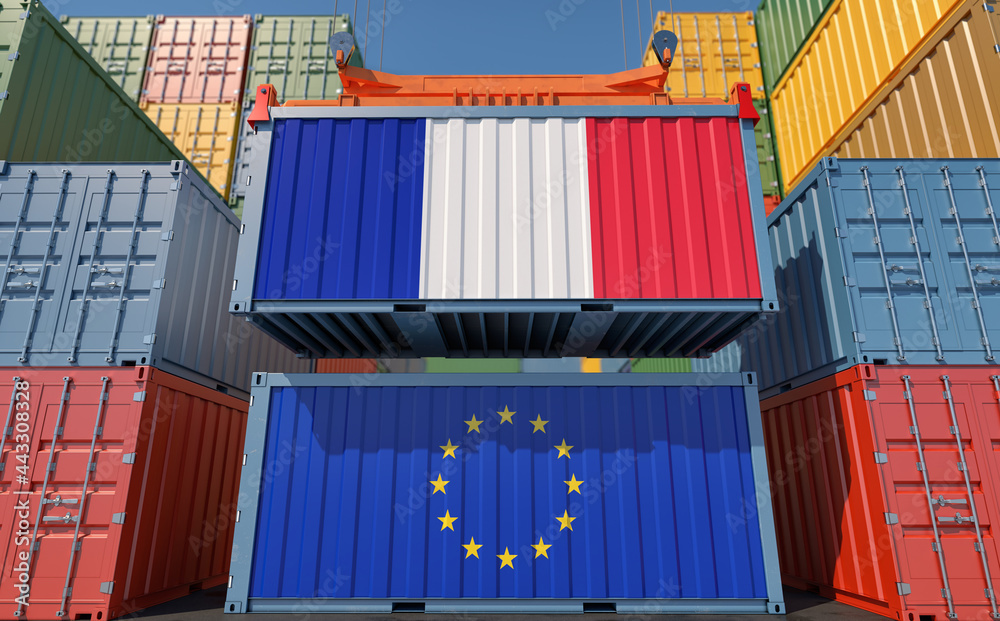 Container Terminal. Two cargo Container with France and European Union ...